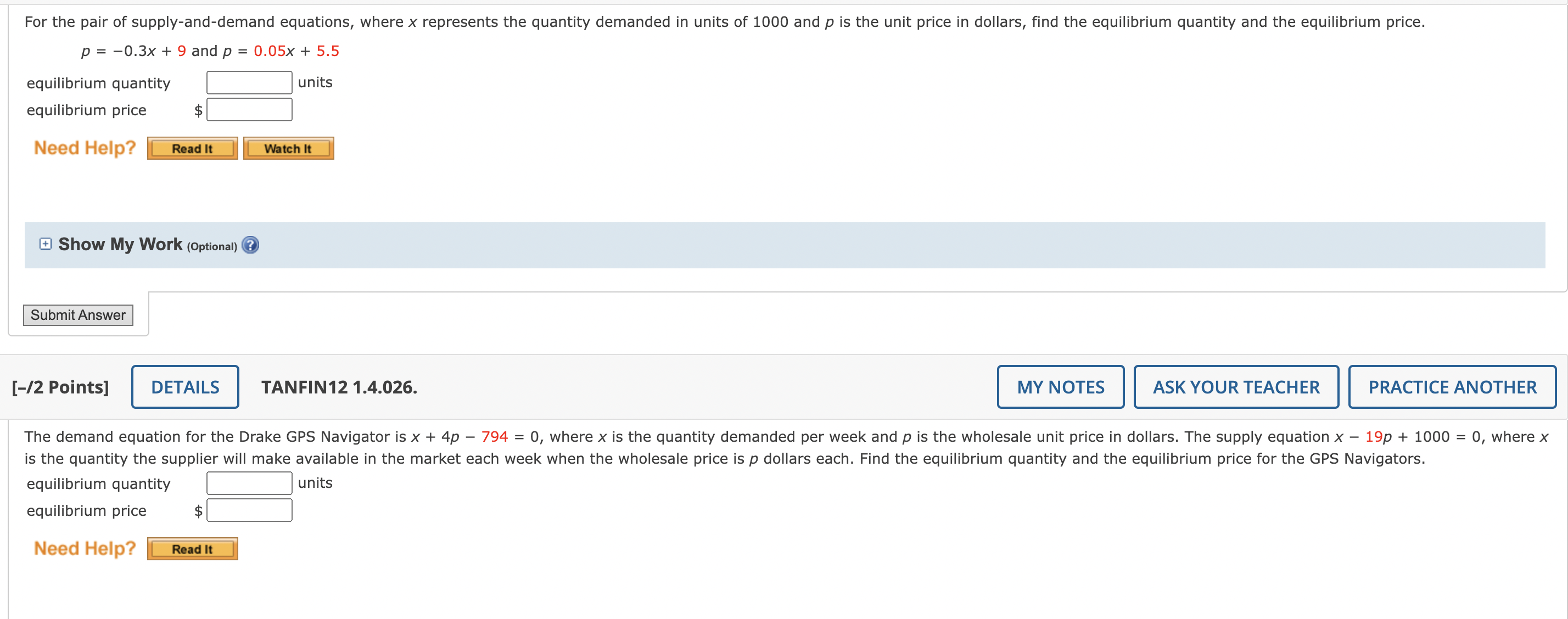Solved p=-0.3x+9 ﻿and p=0.05x+5.5equilibrium quantity | Chegg.com