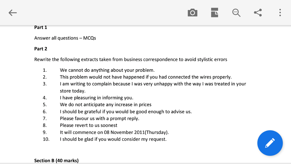 Solved Part 1 Answer all questions-MCQs Part 2 Rewrite the | Chegg.com