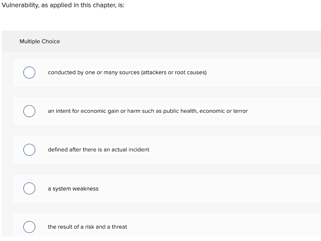 Solved Vulnerability, as applied in this chapter, is: | Chegg.com
