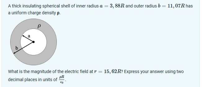 Solved A thick insulating spherical shell of ﻿inner radius | Chegg.com