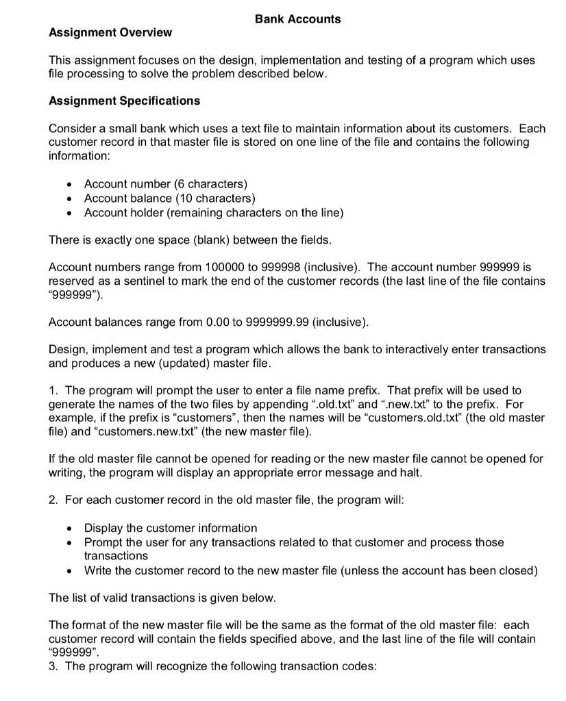 Solved Bank Accounts Assignment Overview This assignment | Chegg.com