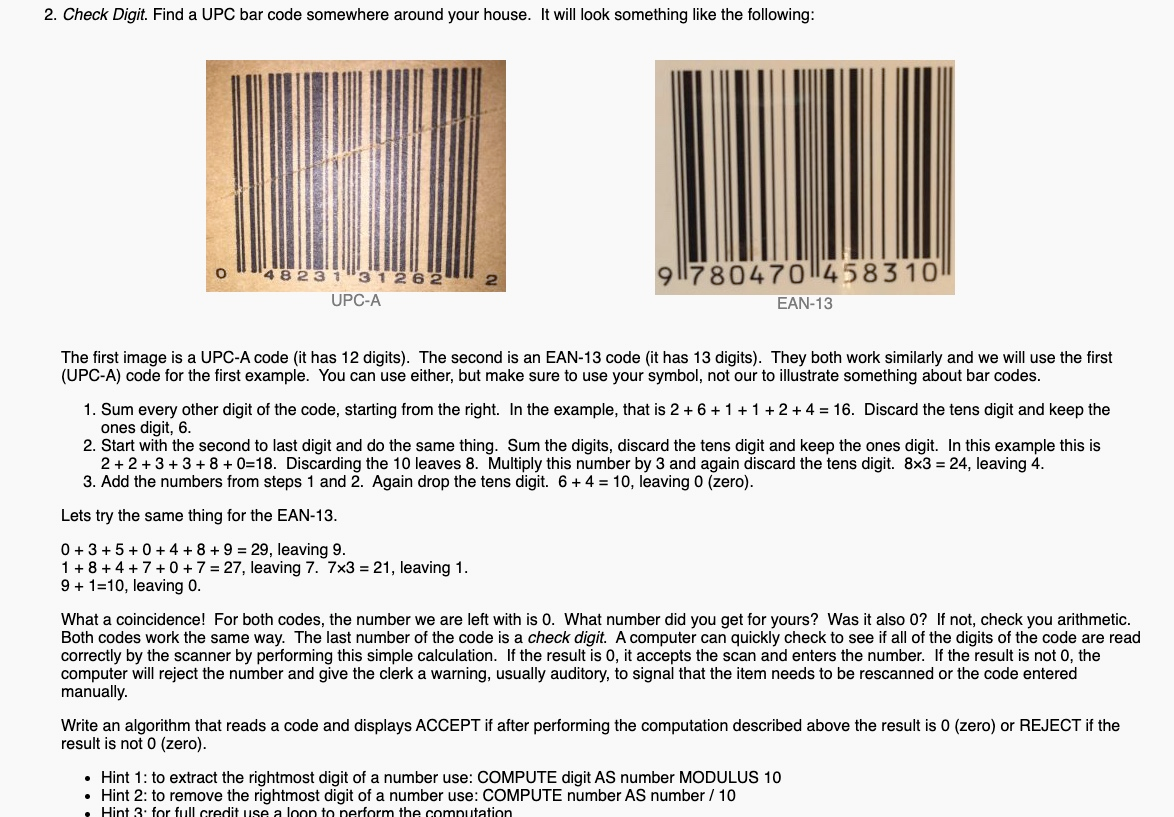 Solved 2 Check Digit Find A UPC Bar Code Somewhere Around Chegg