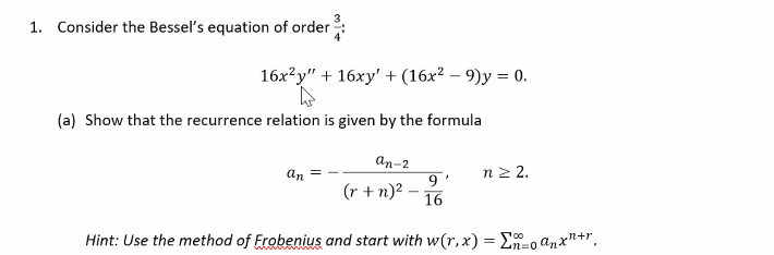 Solved 1. Consider the Bessel's equation of order 16x2y" + | Chegg.com