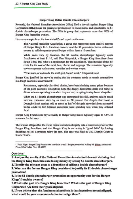 2017 Burger King Case Study Burger King Dollar Double | Chegg.com