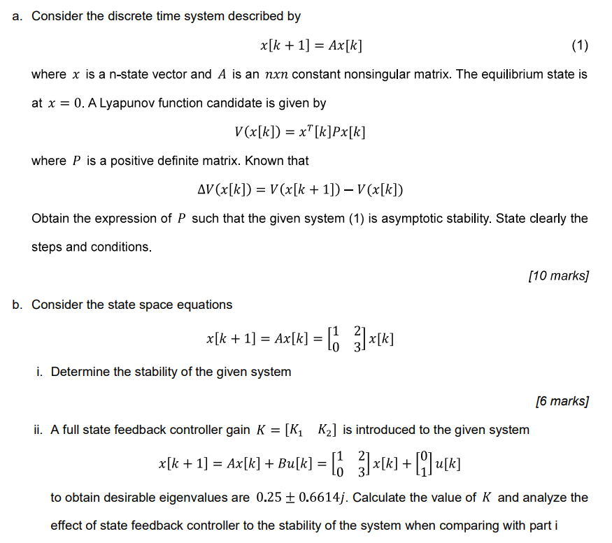 Solved a. Consider the discrete time system described by x[k | Chegg.com