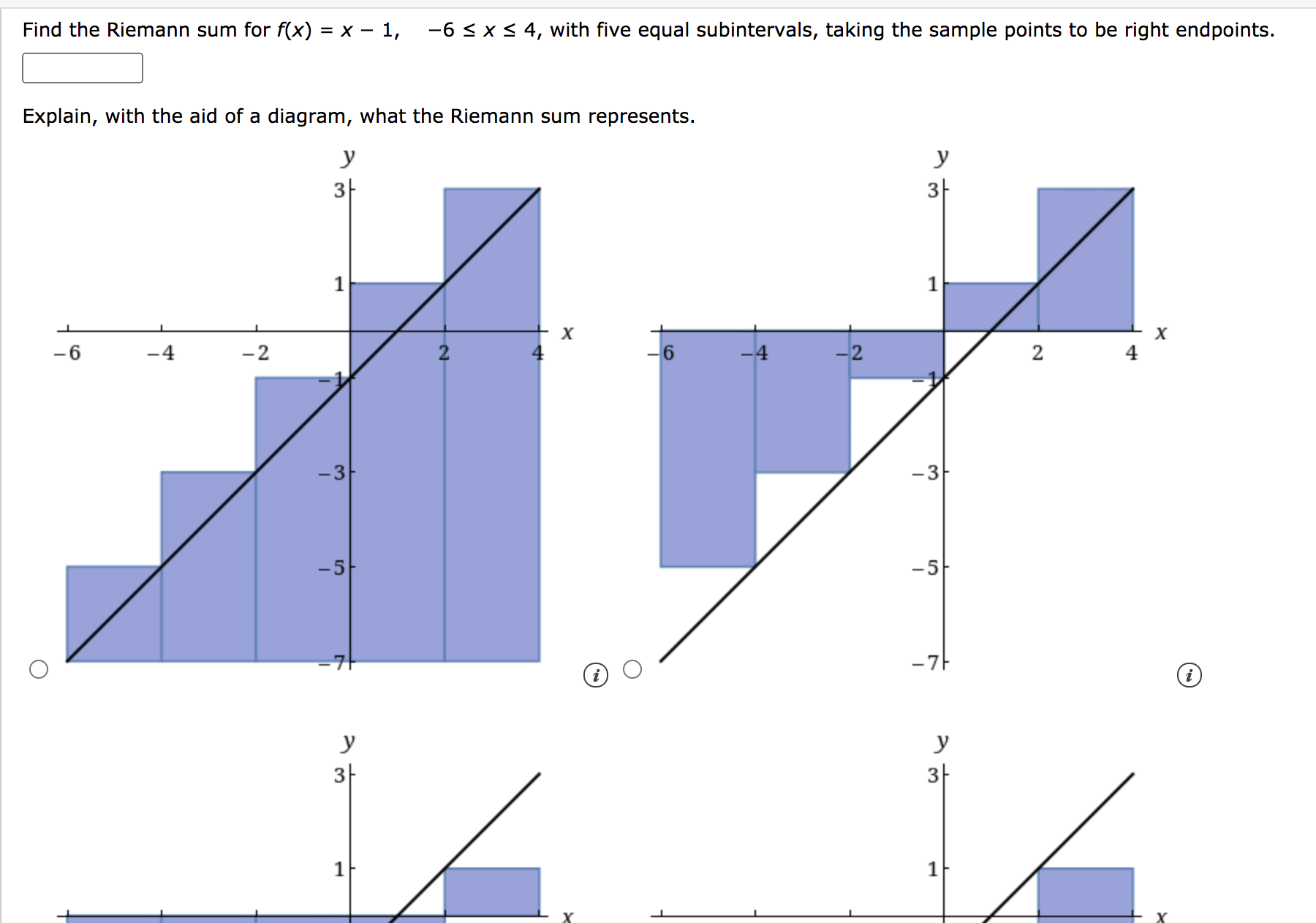 Solved Find the Riemann sum for f(x) = x – 1, -6 SXS 4, with | Chegg.com