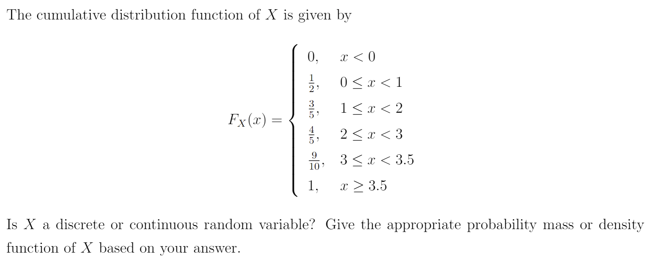 Solved The cumulative distribution function of X is given by | Chegg.com