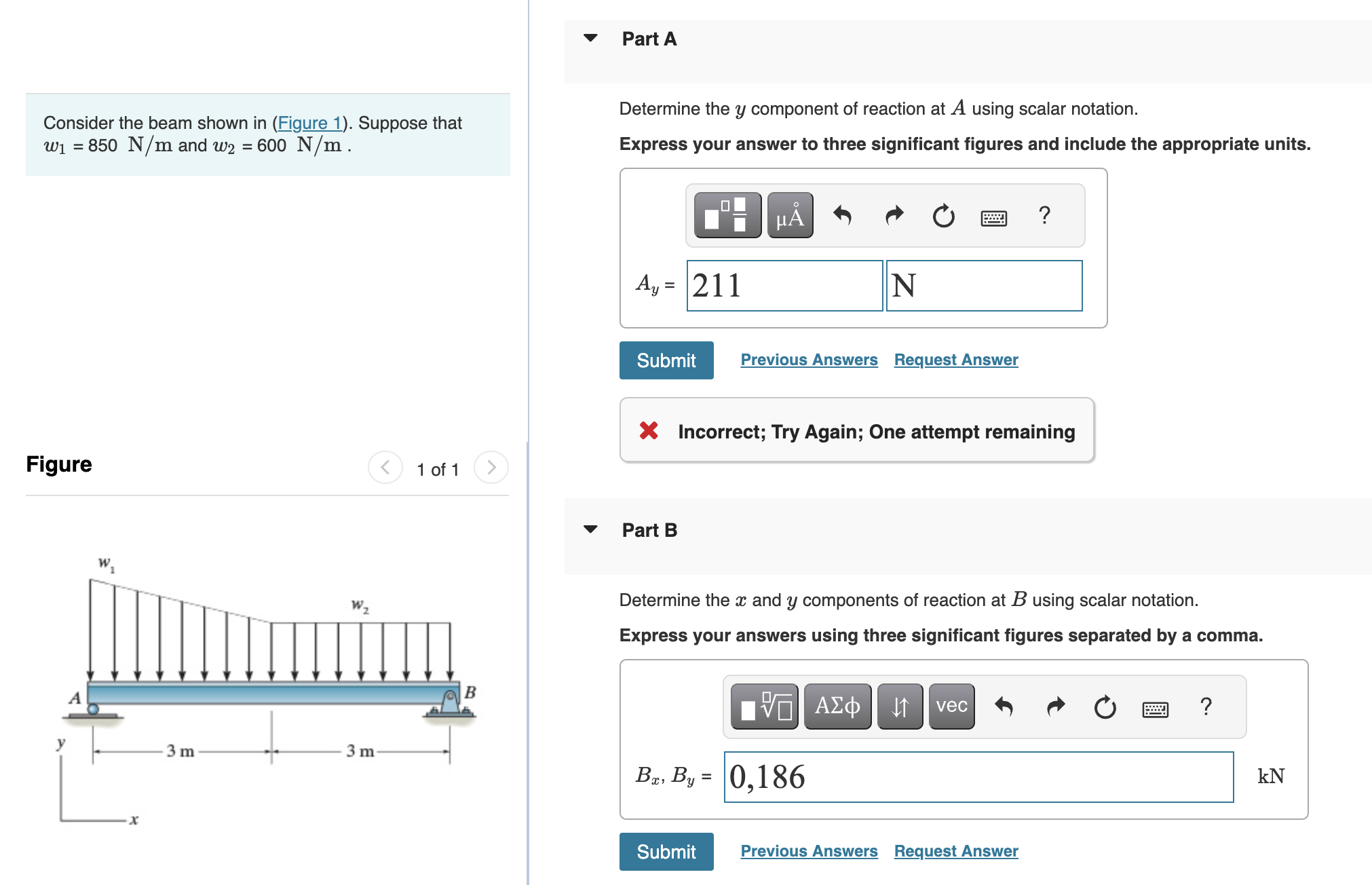 Solved Consider the beam shown in Suppose that w1=850 N/m | Chegg.com
