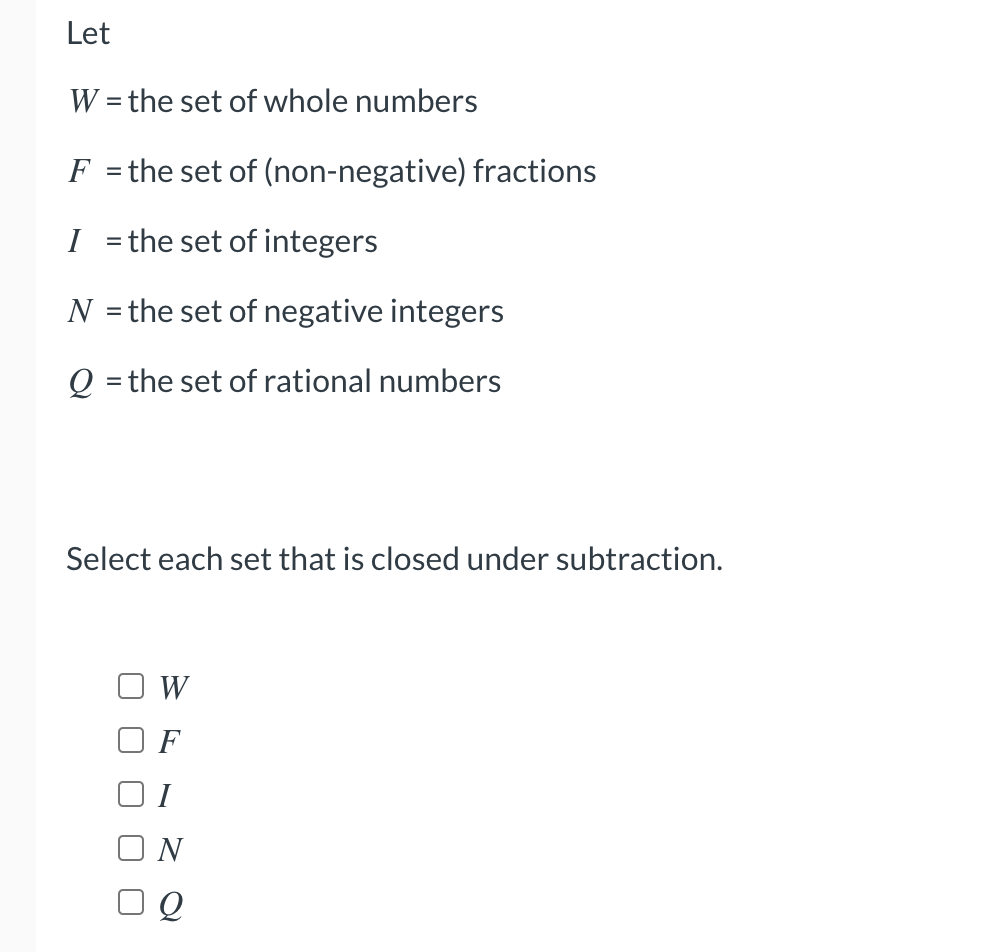 Solved Let W= the set of whole numbers F= the set of | Chegg.com