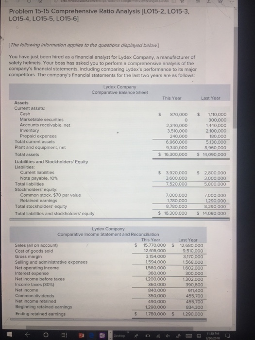 Solved Problem 15-15 Comprehensive Ratio Analysis [LO15-2, | Chegg.com