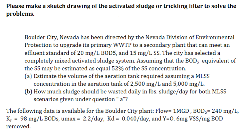 Solved Please make a sketch drawing of the activated sludge | Chegg.com