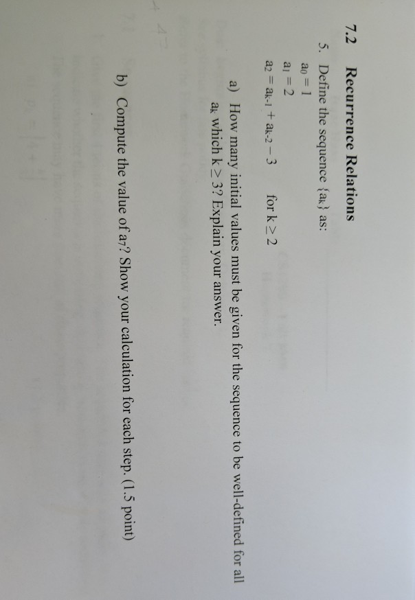 7.2 Recurrence Relations 5. Define the sequence {ak) | Chegg.com