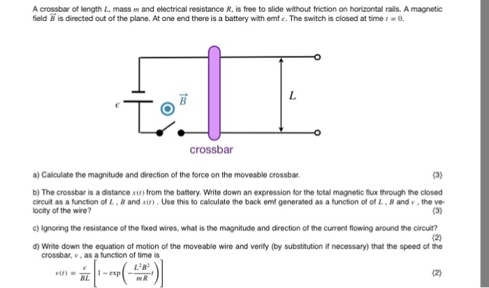 Solved A crossbar of length L, mass m and electrical | Chegg.com