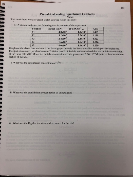 Solved 113 Pre-lab Calculating Equilibrium Constants Name: | Chegg.com