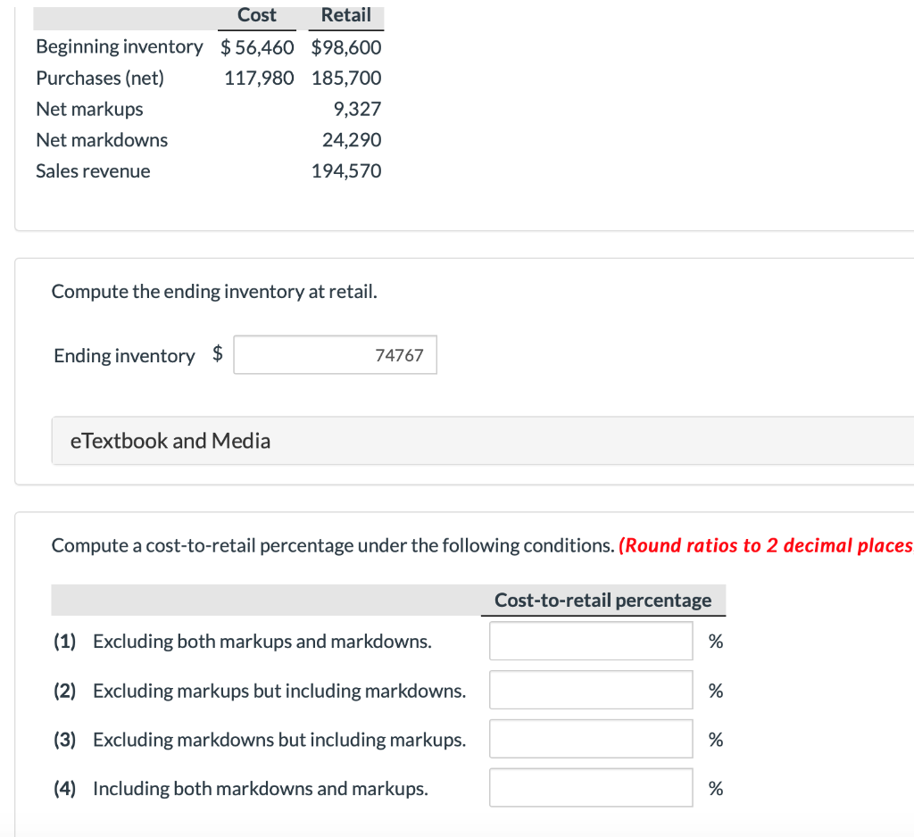 Solved Cost Retail Beginning inventory $ 56,460 $98,600 | Chegg.com