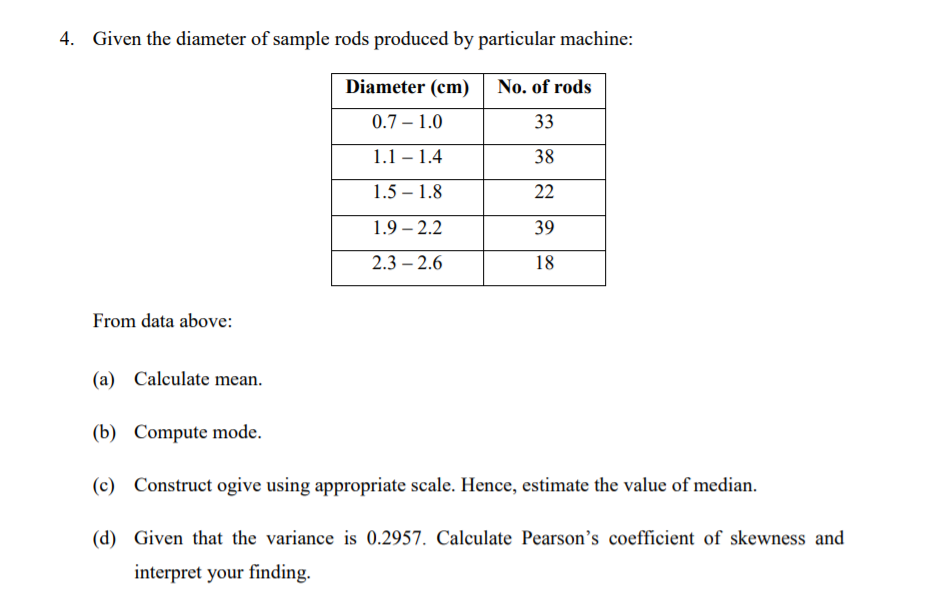 Solved 4. Given the diameter of sample rods produced by | Chegg.com
