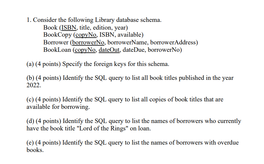Solved 1. Consider the following Library database schema. | Chegg.com