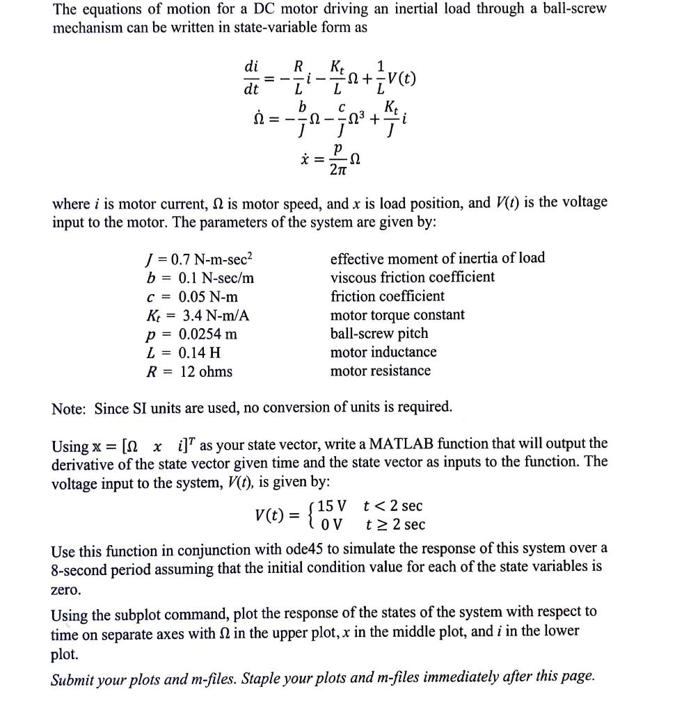 Solved The equations of motion for a DC motor driving an | Chegg.com