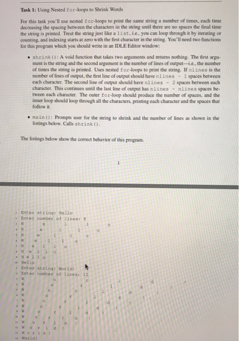 Solved Task 1: Using Nested for-loops to Shrink Words For | Chegg.com