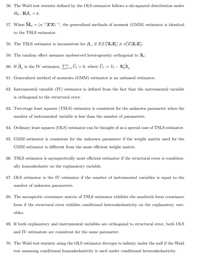 Solved 56. The Wald test statistic defined by the OLS | Chegg.com