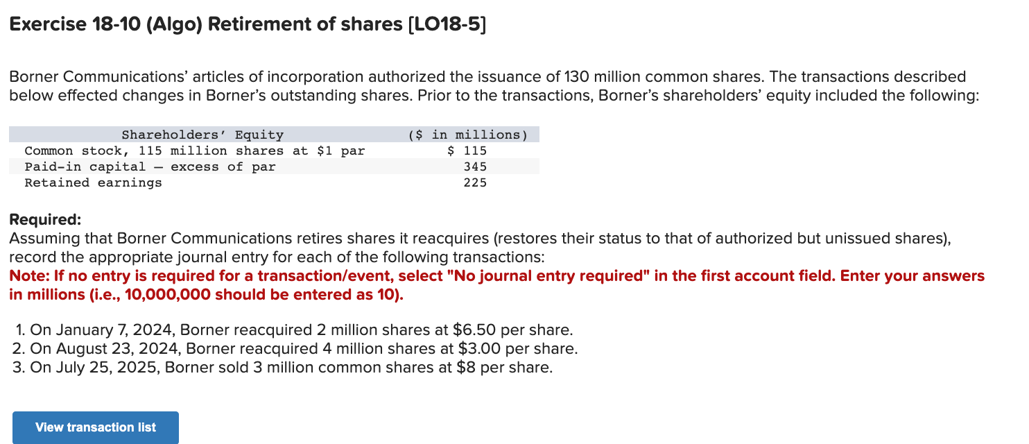 Solved Exercise 18-10 (Algo) Retirement of shares [LO18-5] | Chegg.com