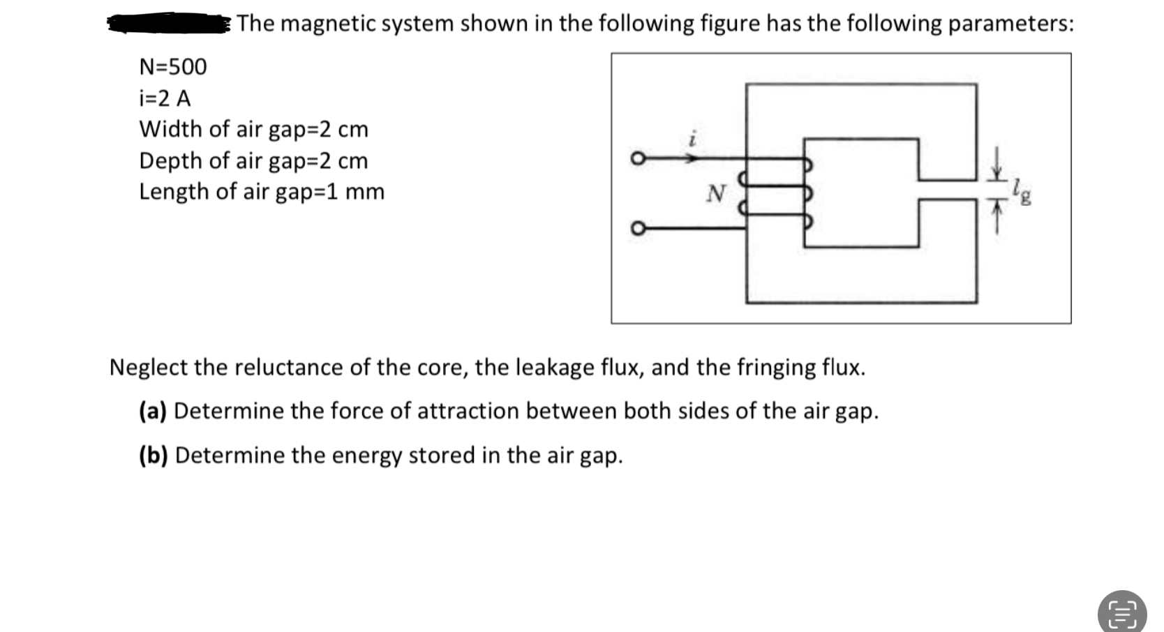 Solved N=500i=2 A Width of air gap =2 cm Depth of air gap =2 | Chegg.com