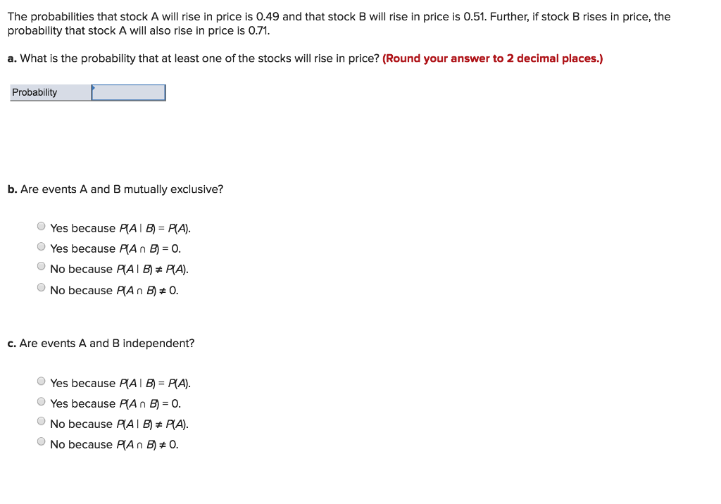Solved The probabilities that stock A will rise in price is | Chegg.com