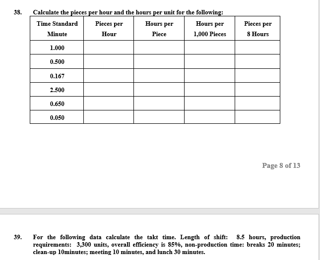 Solved 38. Calculate the pieces per hour and the hours per | Chegg.com