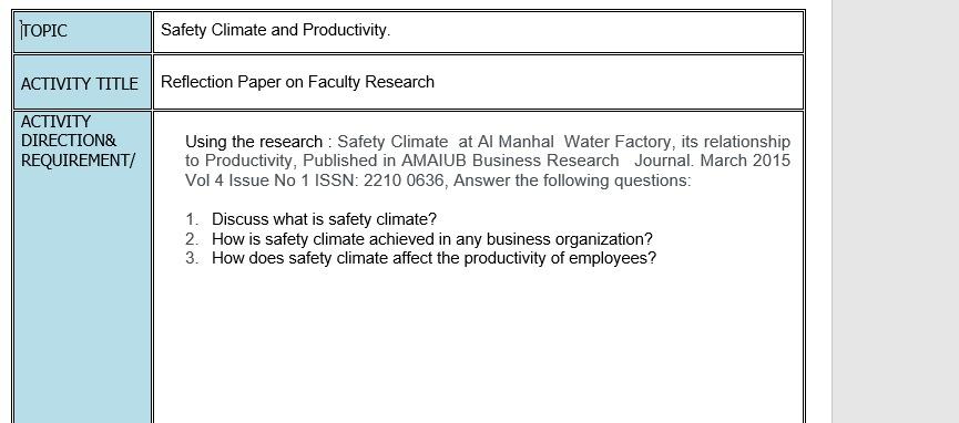 Solved TOPIC Safety Climate and Productivity. ACTIVITY TITLE | Chegg.com