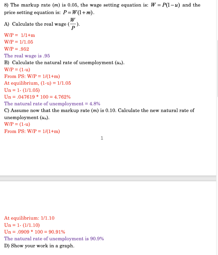 Solved 8) The markup rate (m) is 0.05, the wage setting | Chegg.com