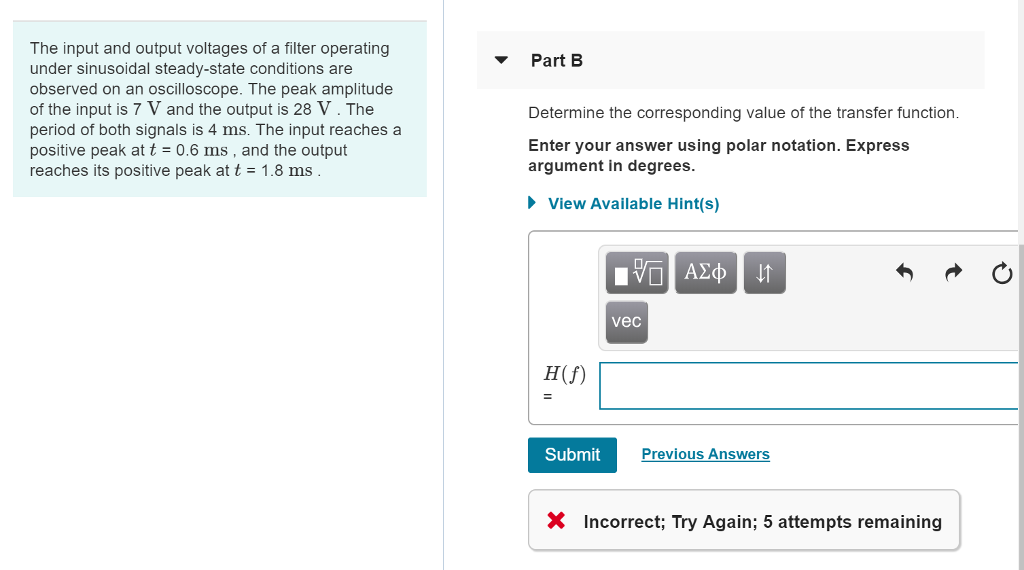 Solved The input and output voltages of a filter operating | Chegg.com