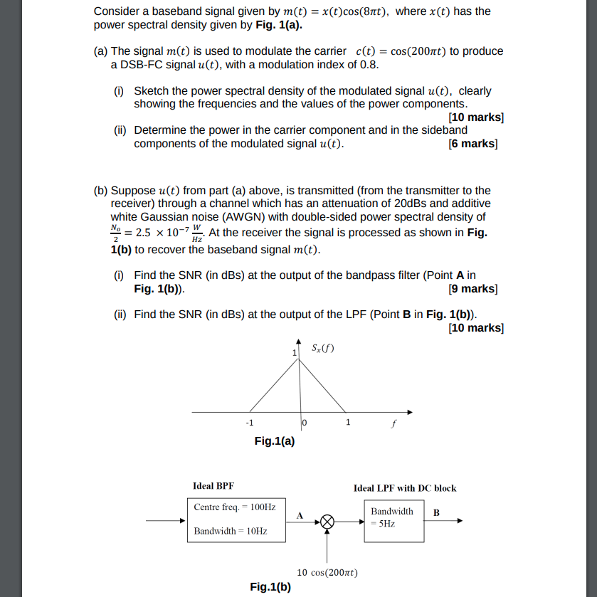Consider a baseband signal given by m(t) = x(t)cos( | Chegg.com