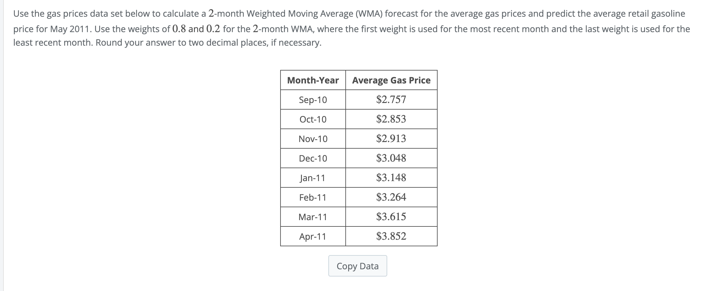 Solved Use the gas prices data set below to calculate a | Chegg.com