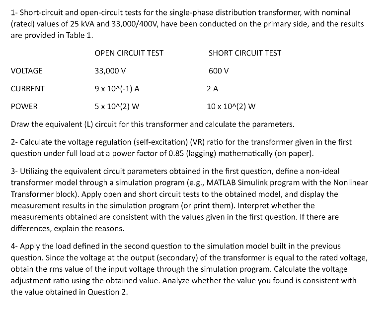 Solved 1- Short-circuit and open-circuit tests for the | Chegg.com