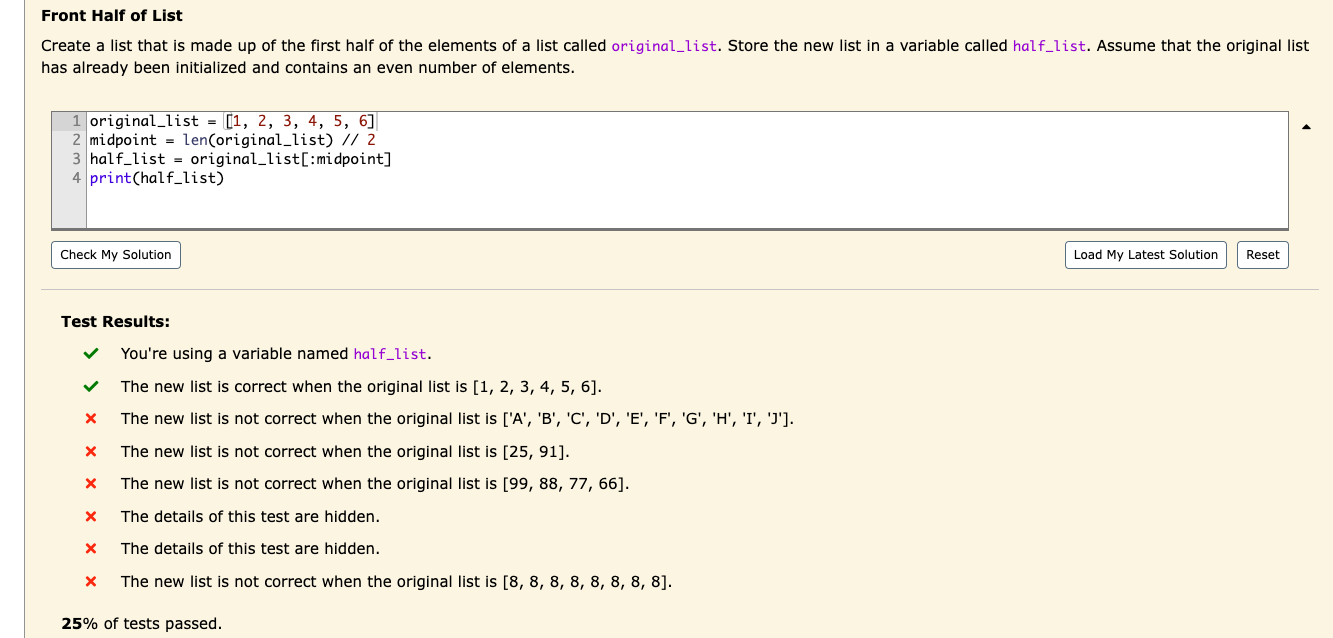 Solved Front Half of List Create a list that is made up of | Chegg.com