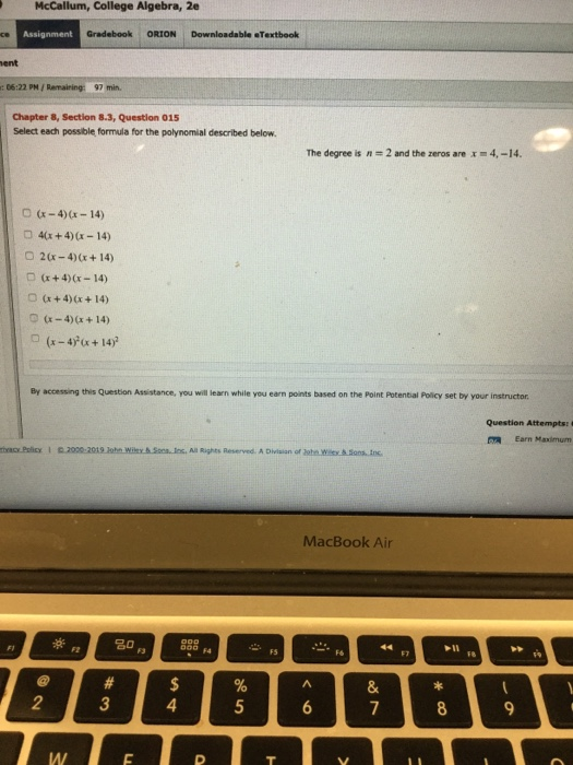 Solved McCallum, College Algebra, 2e Gradebook ORION | Chegg.com