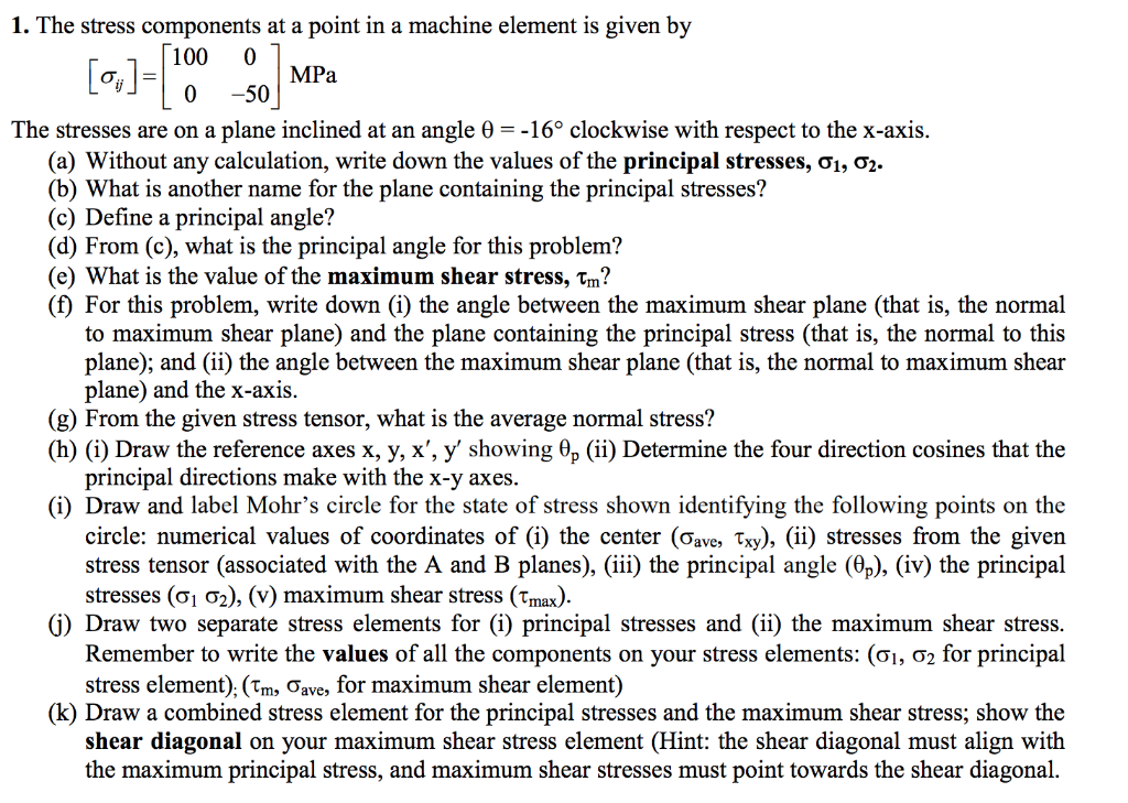 Solved 1. The stress components at a point in a machine | Chegg.com