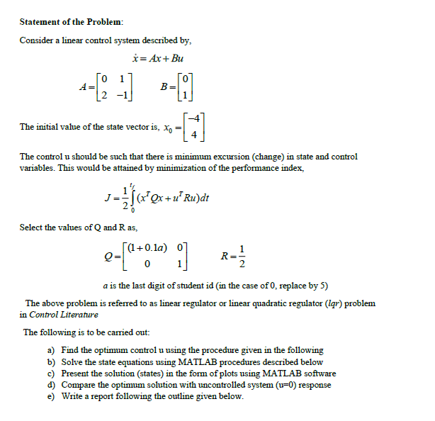 Solved Statement of the Problem: Consider a linear control | Chegg.com