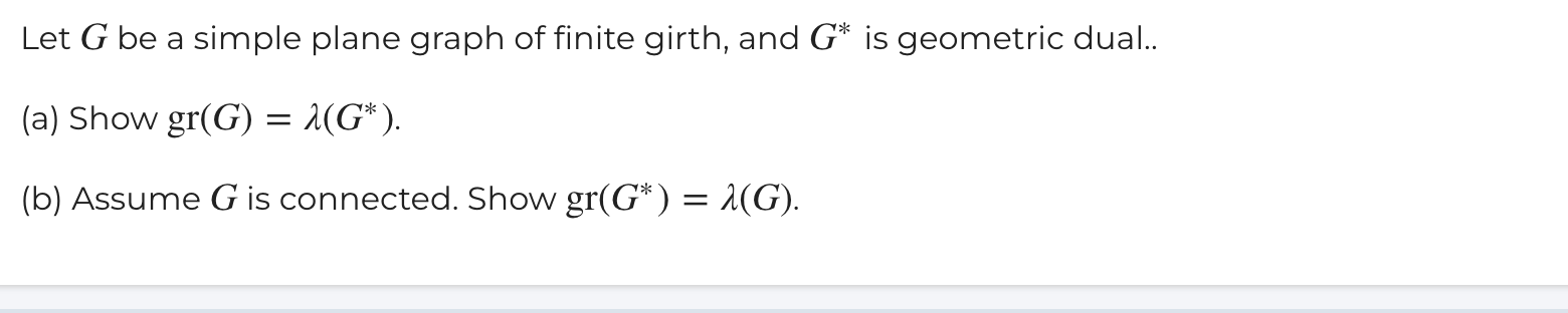 Solved Let G be a simple plane graph of finite girth, and G∗ | Chegg.com