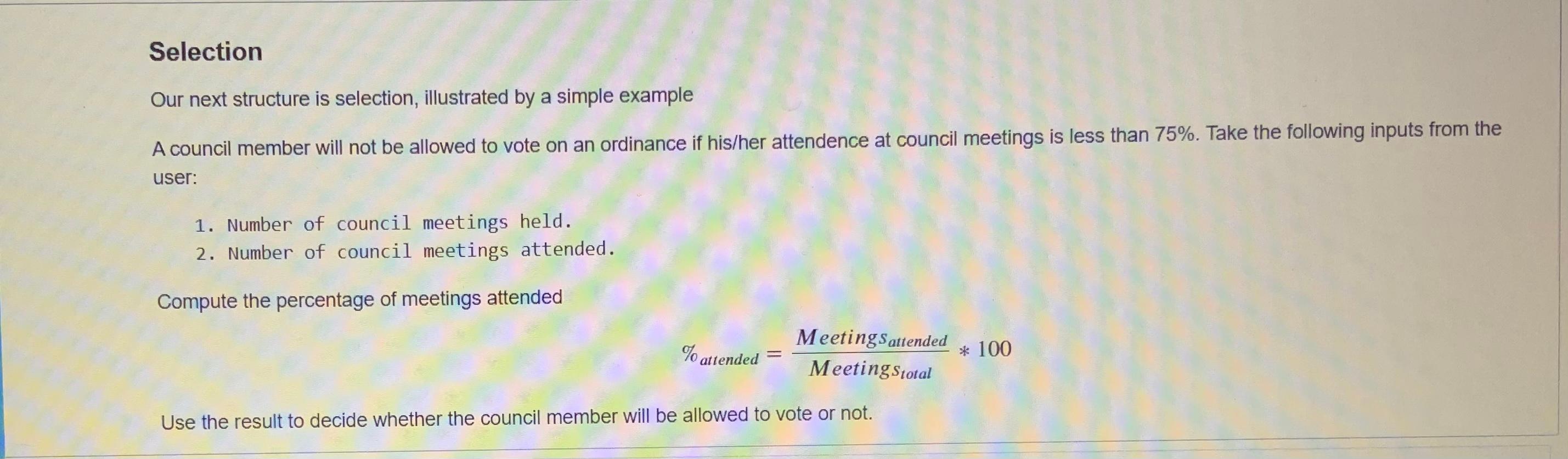 Solved Selection Our next structure is selection, | Chegg.com