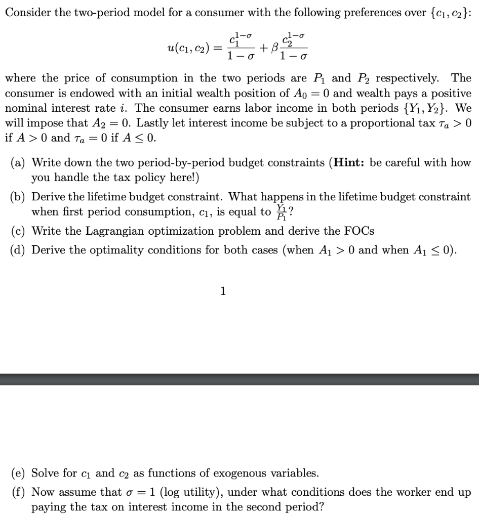 Consider the two-period model for a consumer with the | Chegg.com