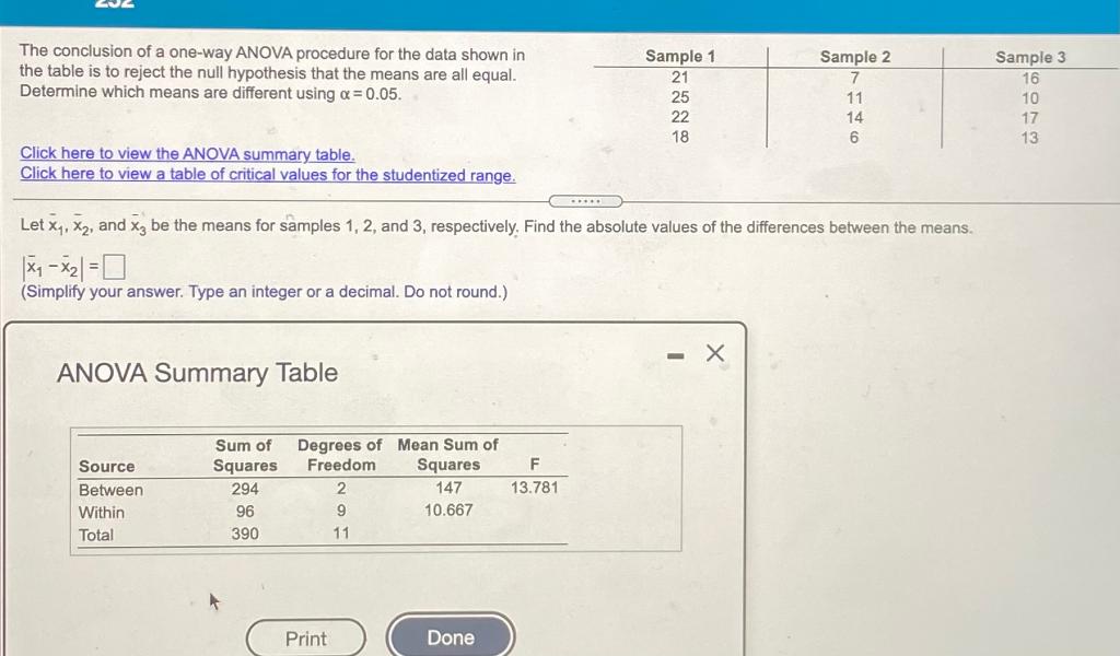 Solved Sample 2 The conclusion of a one-way ANOVA procedure | Chegg.com