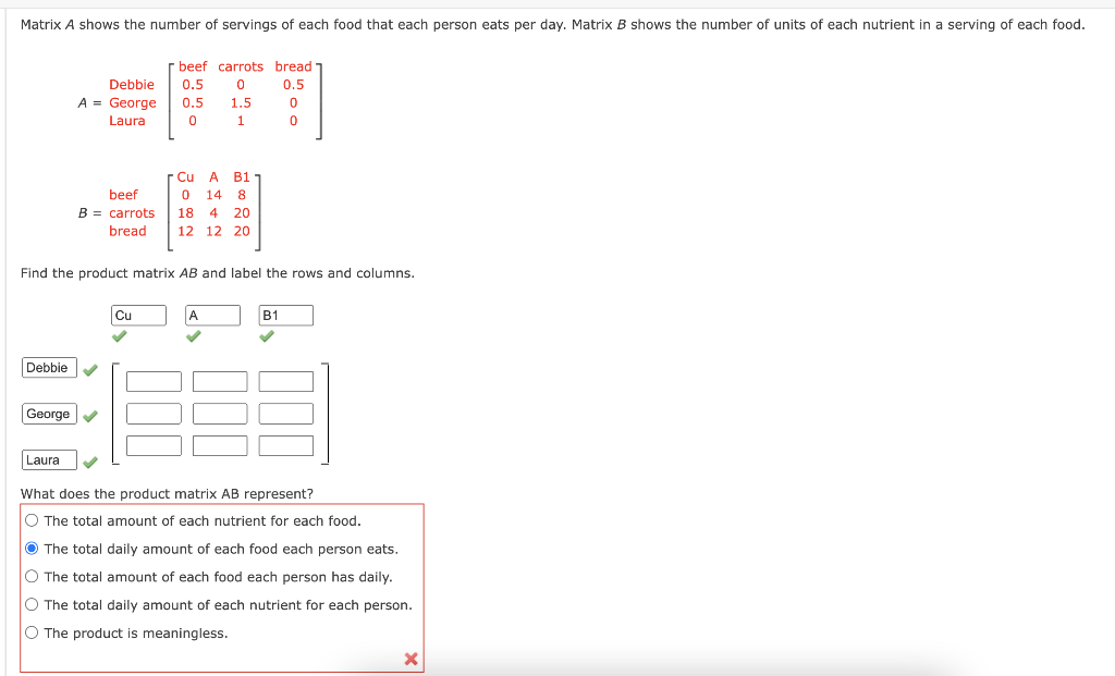 Solved Matrix A shows the number of servings of each food | Chegg.com