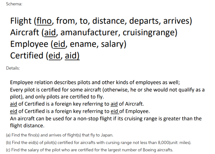 Solved Schema: Flight (flno, from, to, distance, departs, | Chegg.com