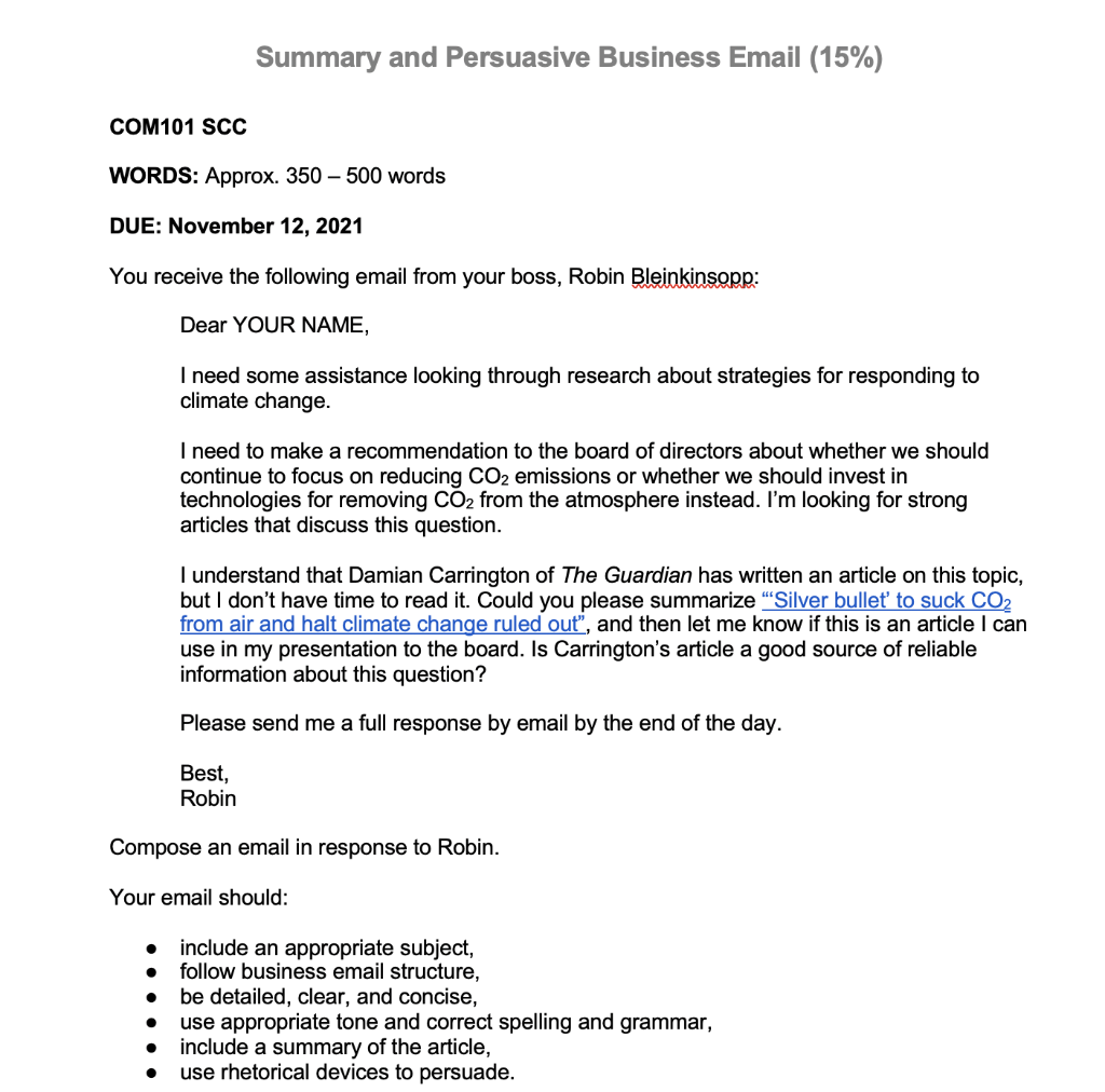 Summary and Persuasive Business Email (15%) COM101 | Chegg.com