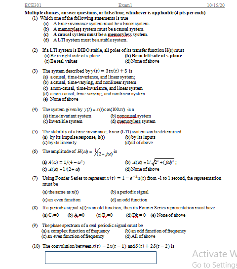 Solved ECE301 Examl 10/15/20 Multiple choices, answer | Chegg.com