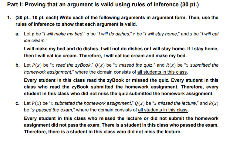 Solved Part I: Proving that an argument is valid using rules | Chegg.com