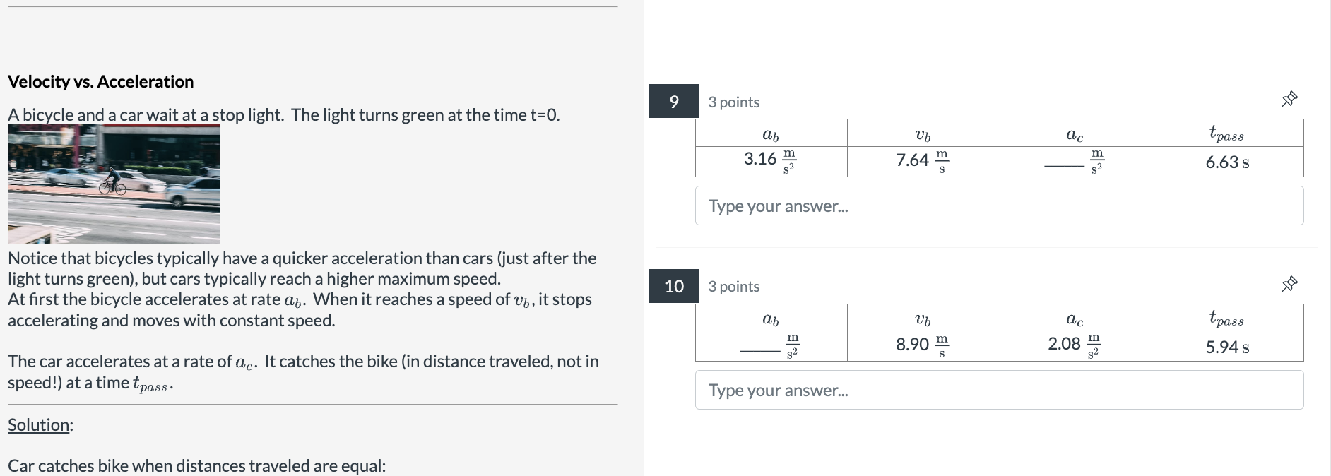 Solved Velocity vs. Acceleration A bicycle and a car wait at | Chegg.com