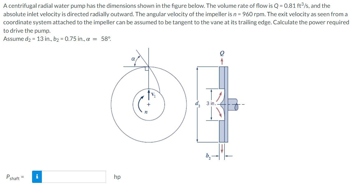 Solved A centrifugal radial water pump has the dimensions | Chegg.com