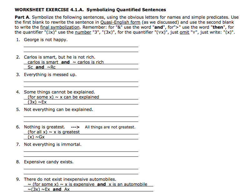 WORKSHEET EXERCISE 4.1.A. Symbolizing Quantified | Chegg.com